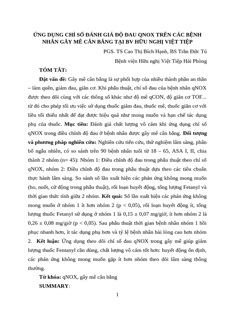 ỨNG DỤNG CHỈ SỐ ĐÁNH GIÁ ĐỘ ĐAU QNOX TRÊN CÁC BỆNH NHÂN GÂY MÊ | PDF