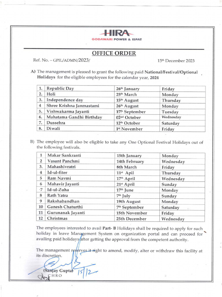 GPIL Leave Calendar 2024_ Eng | PDF