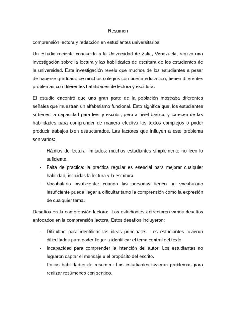 Resumen Comprension Lectora y Redaccion en Venezuela | PDF