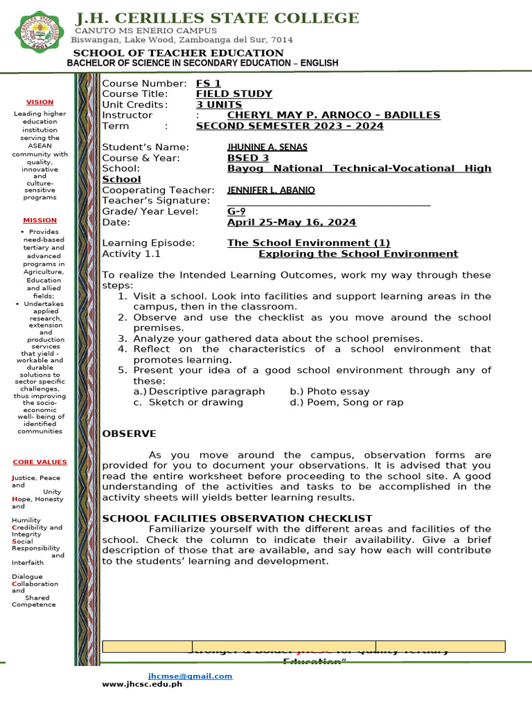 Field Study 1 Activities Jhunine | PDF | Learning | Teachers
