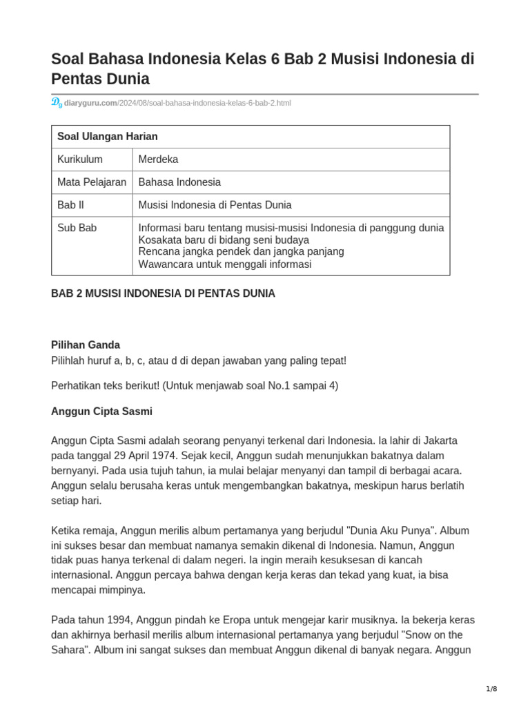 Soal Bahasa Indonesia Kelas 6 Bab 2 Musisi Indonesia Di Pentas Dunia | PDF