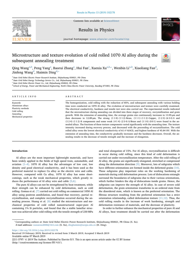 Microstructure and Texture Evolution of Cold Rolled 1070 Al - 2019 - Results in | PDF