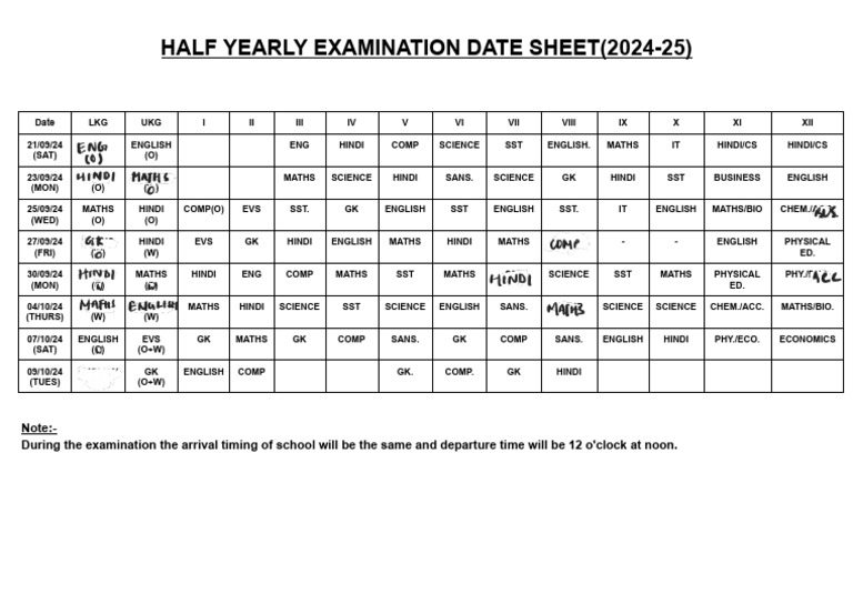 Half Yearly Examination Date Sheet (2022-23) - 240916 - 091330 | PDF | Science & Mathematics