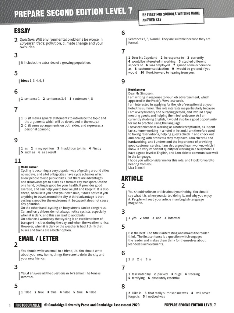 PREPARE 7 B2 First For Schools Writing Bank Answer Key | PDF