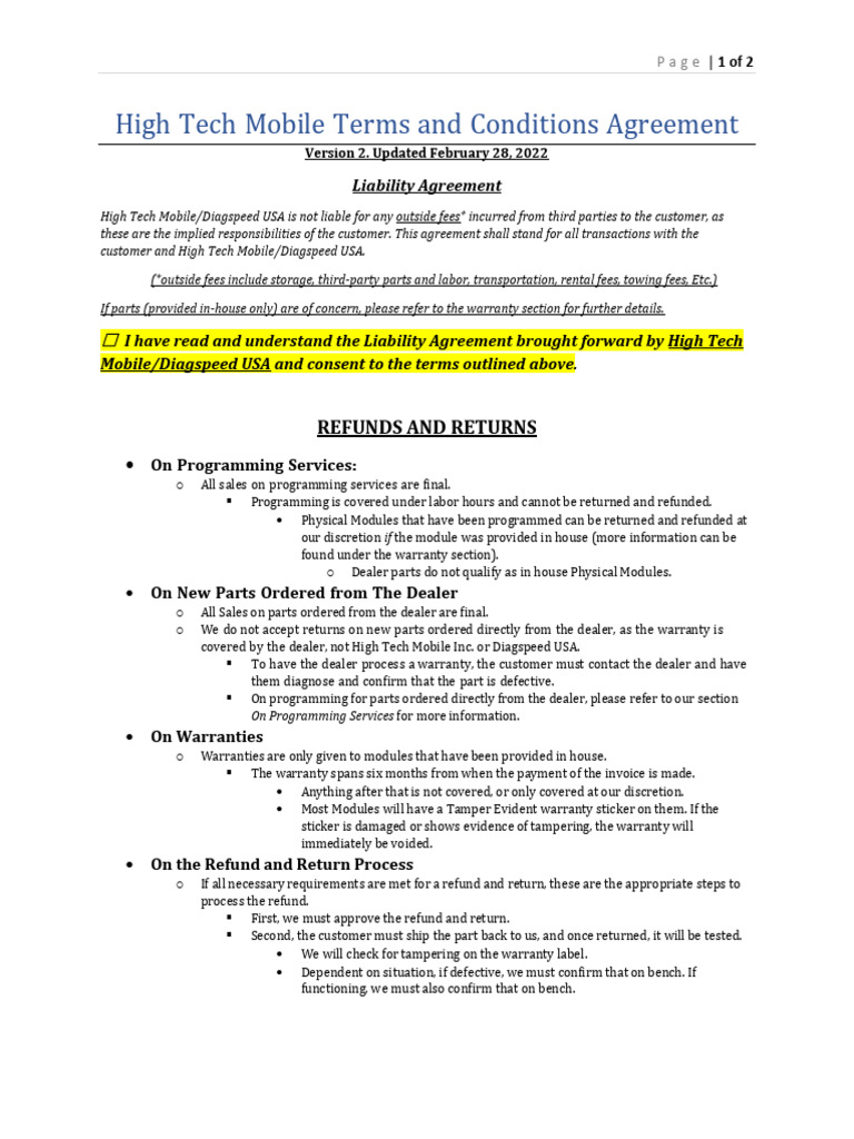 High Tech Mobile Terms and Conditions Agreement | PDF