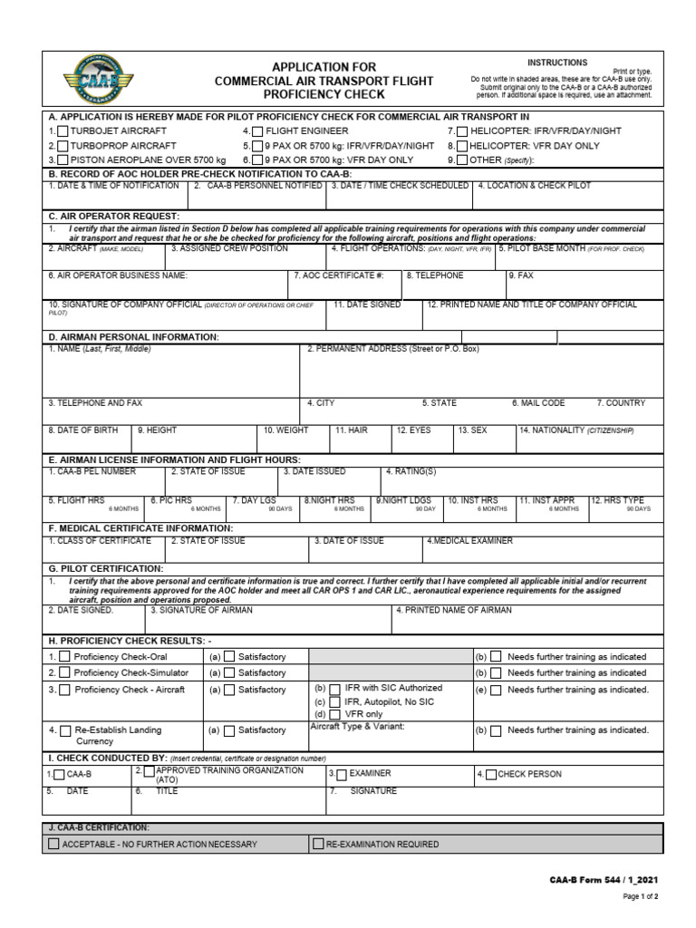 544 Form Proficiency Check CAA_B 2021_Aircraft(1) | PDF