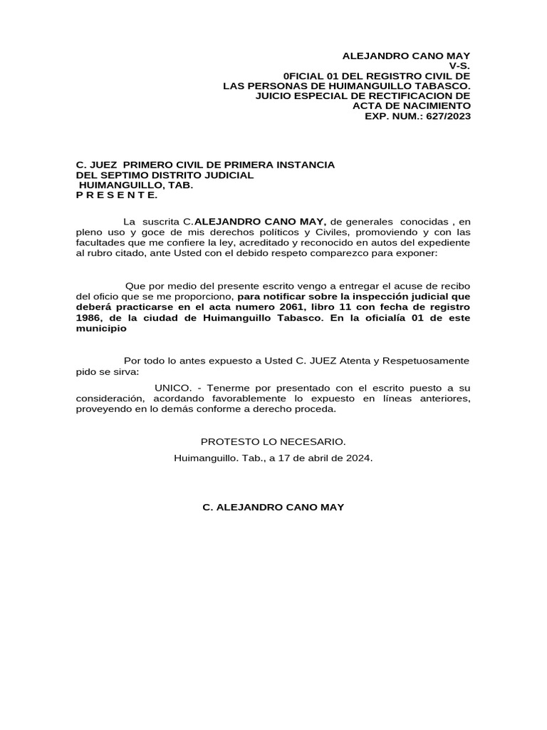 Alejandro Cano May Escrito para Devolver Acuse | PDF