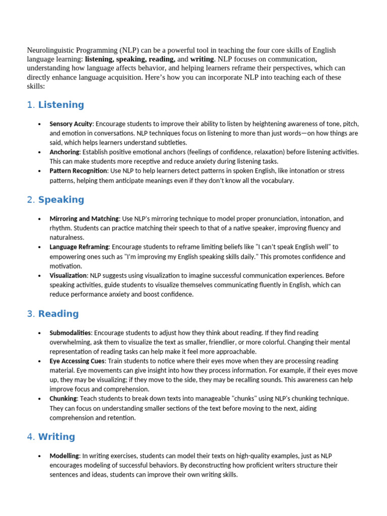 Neurolinguistic Programming Applied to ESL-EFL Approach | PDF