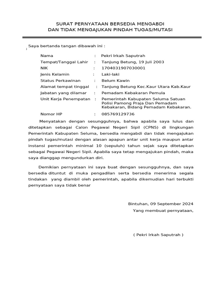 Surat Pernyataan Pikri | PDF