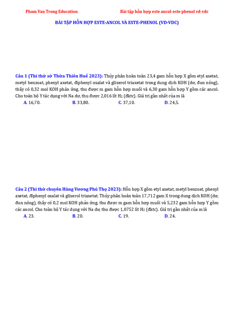 Bài tập hỗn hợp este ancol-phenol vdc-ĐỀ | PDF