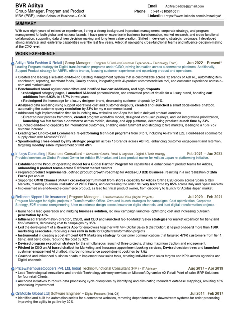 CV BVR Aditya Group Manager, Program & Product - CX MBA ISB 8.4 - New | PDF