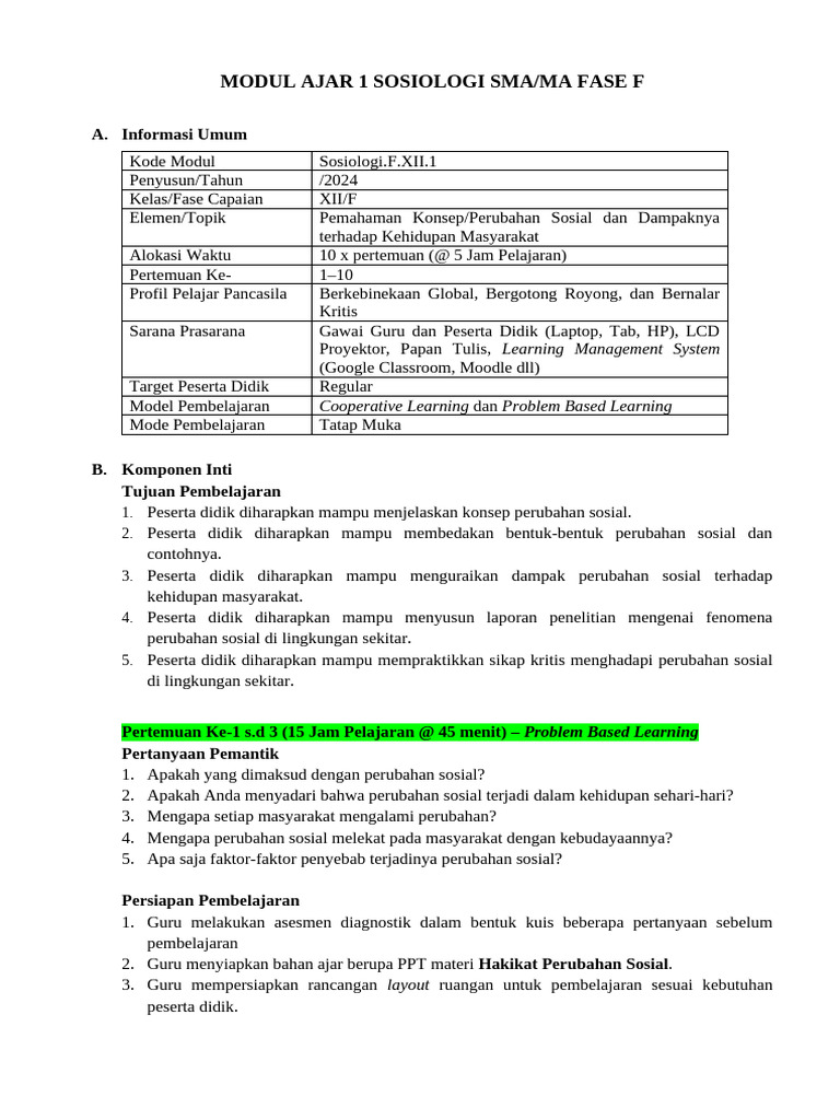 Sosiologi Sma KLS Xii (Fase F) - Modul Ajar 1 | PDF