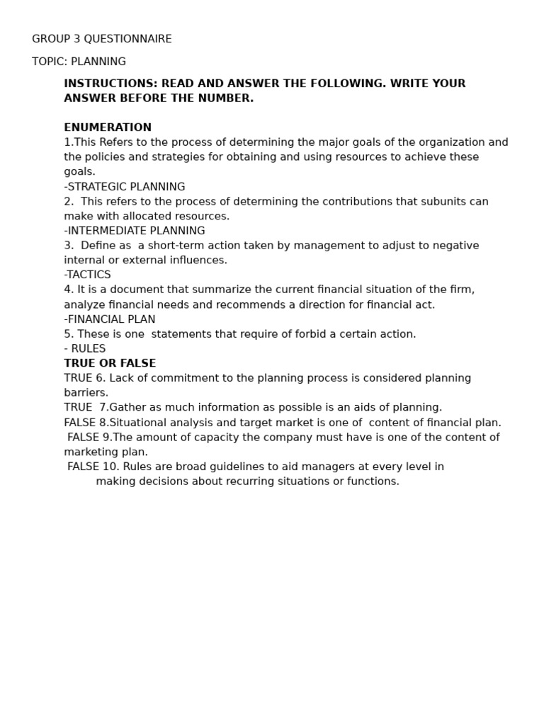 Planning Questionnaire Group 3 | PDF