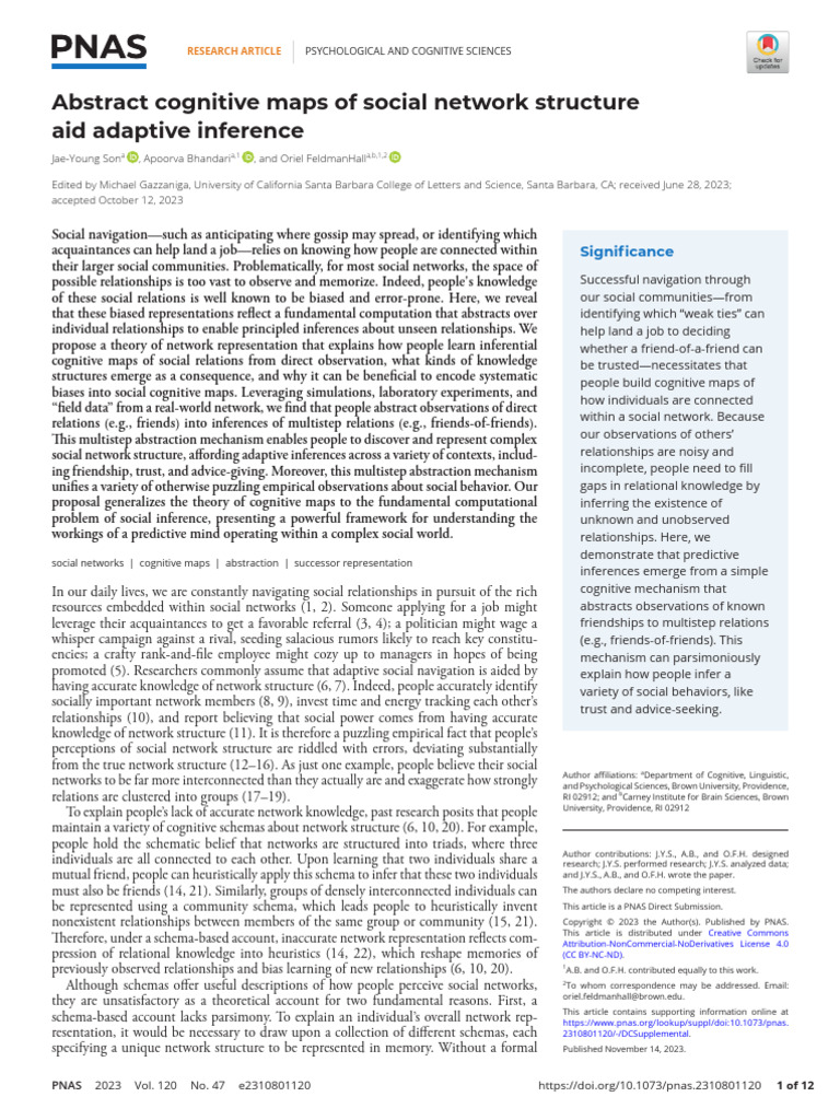 PNAS Son Et Al 2023 Abstract Cognitive Maps of Social Network Structure Aid Adaptive Inference | PDF
