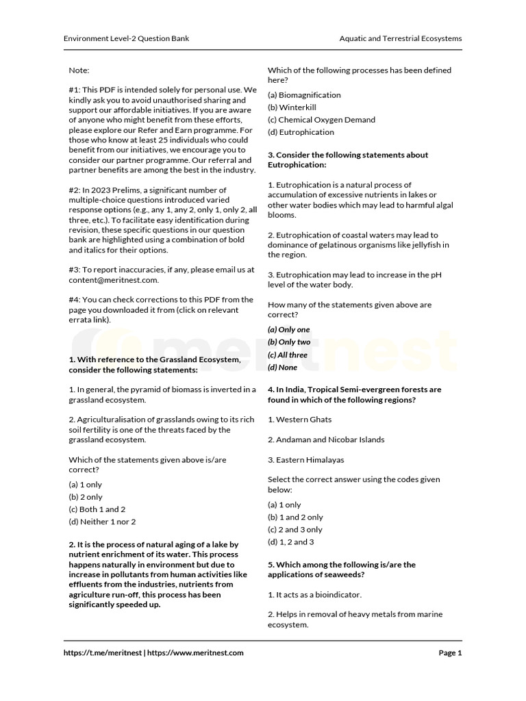 Level-2 Question Bank 2 of 11 Meritnest | PDF | Aquatic Ecosystem ...