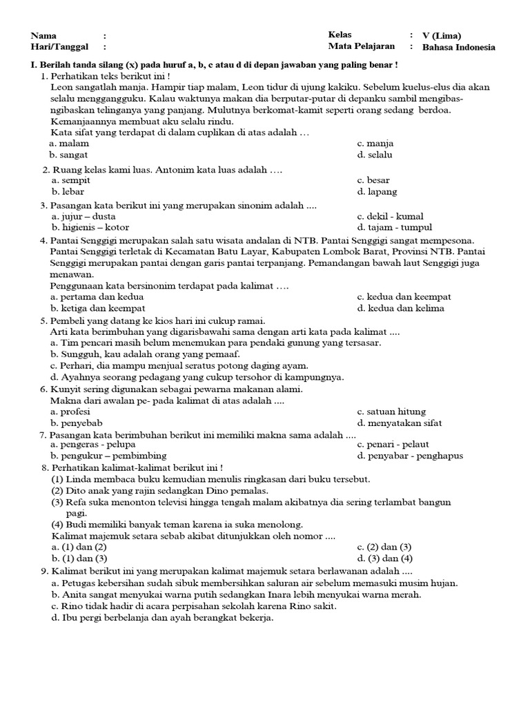 Soal Mid Bahasa Indonesia Kelas 5 Semester 1 | PDF
