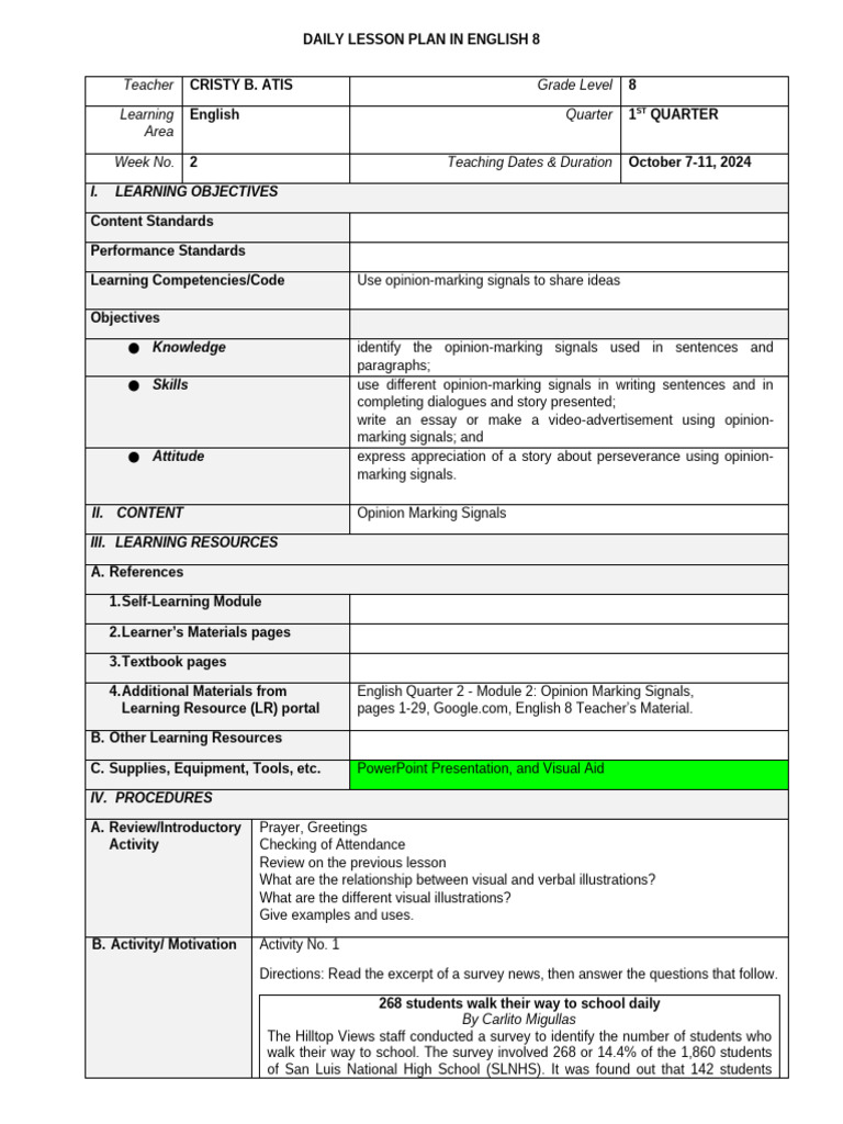 Lesson Plan 8_Opinion Marking Signals | PDF