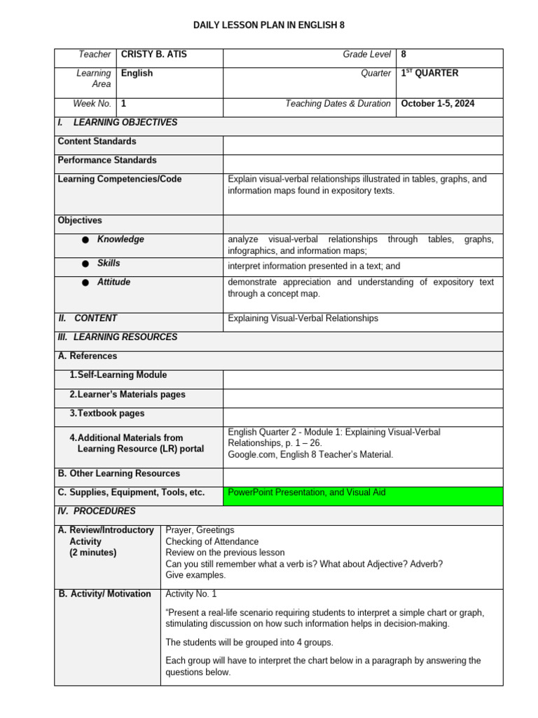 Lesson Plan 8 - Explaining Visual and Verbal Relationships | PDF