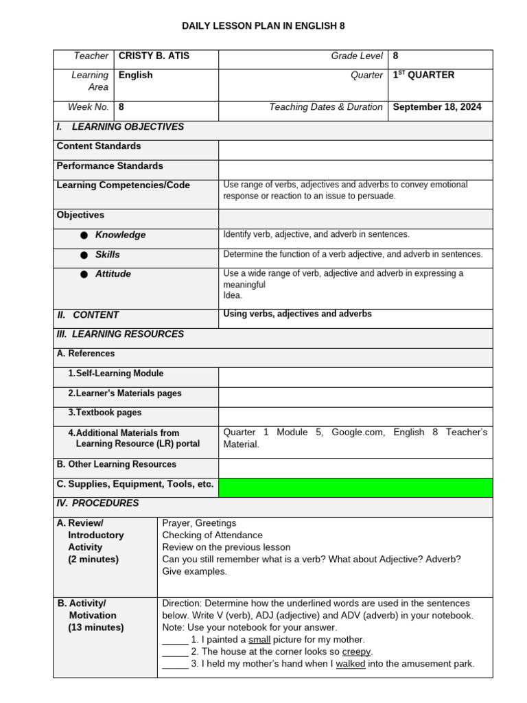 Lesson Plan 8_Verbs,Adverbs, Agjectives | PDF