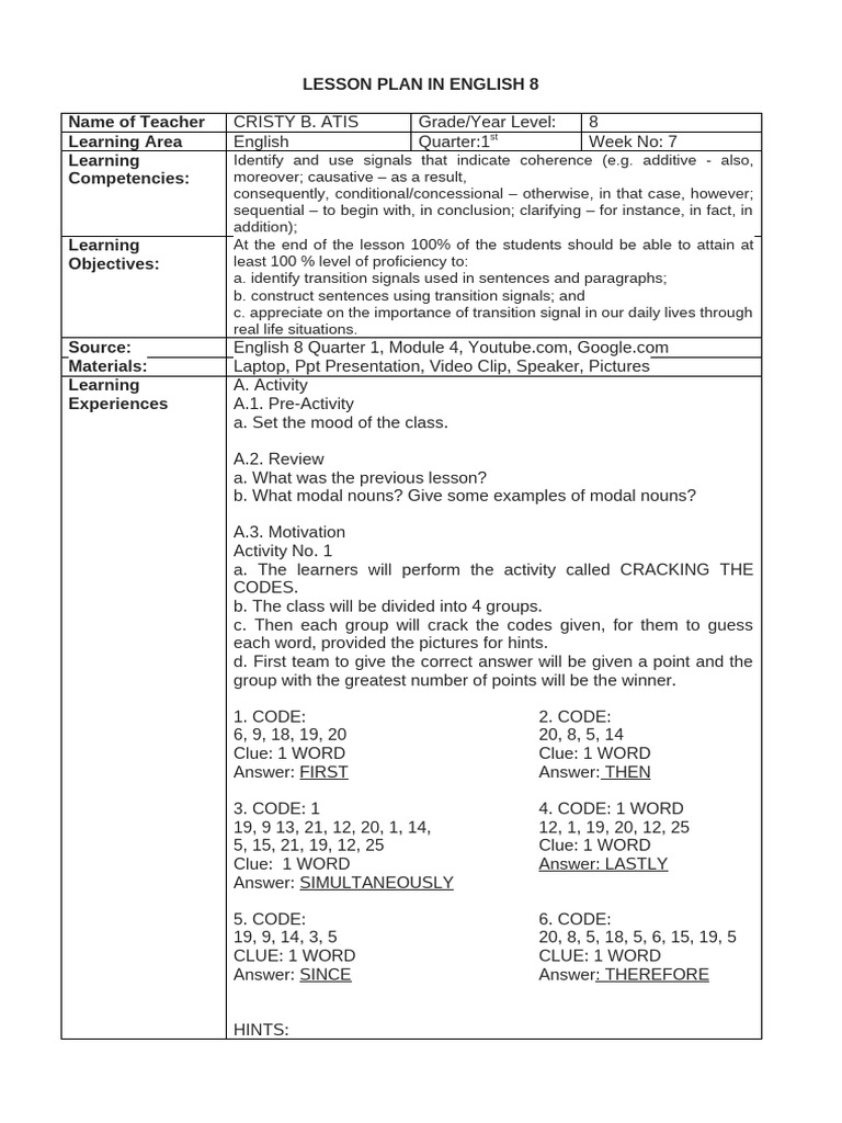 LESSON PLAN IN ENGLISH 8 - CO - Transitional Signals | PDF