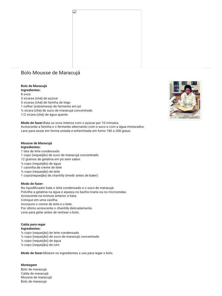 Caderno de Receitas - Isamara Amâncio - Bolo Mousse de Maracujá | PDF