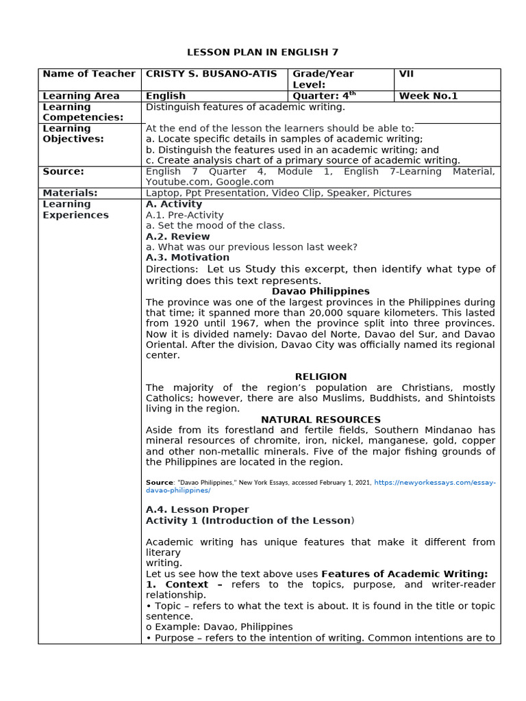 LESSON PLAN IN ENGLISH 7-Academic Writing | PDF