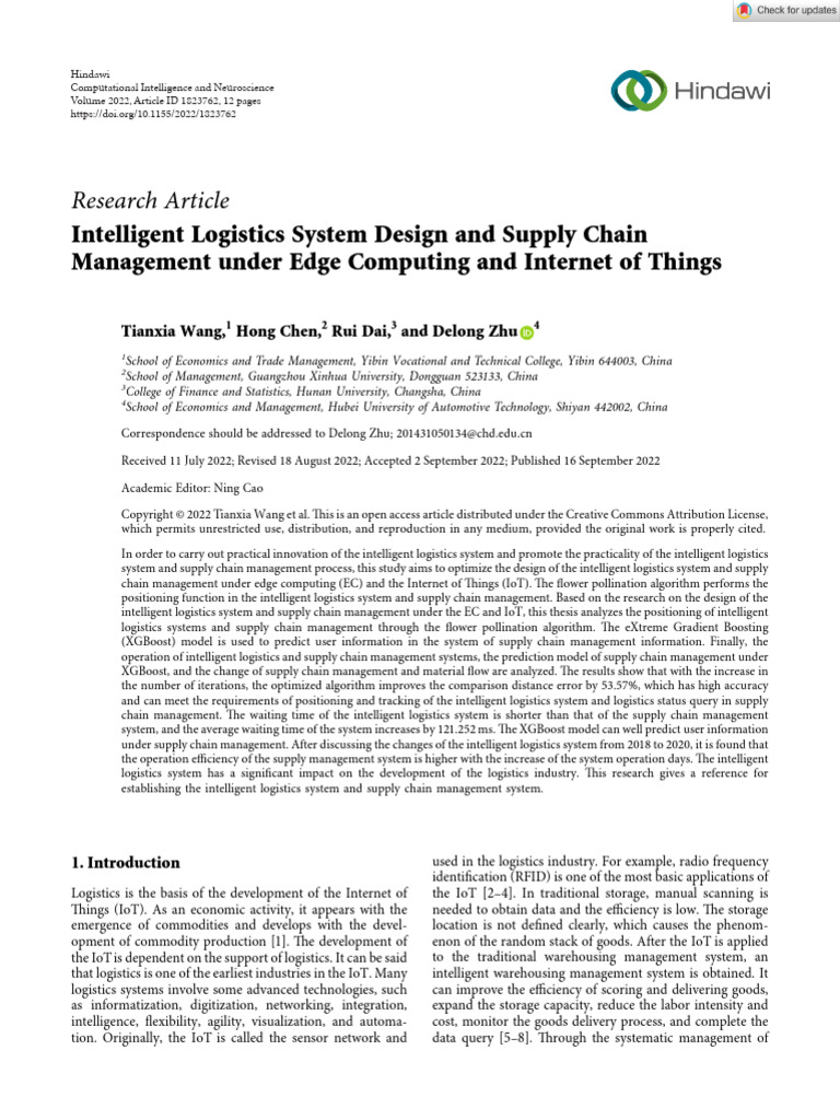 Computational Intelligence and Neuroscience - 2022 - Wang - Intelligent Logistics System Design ...