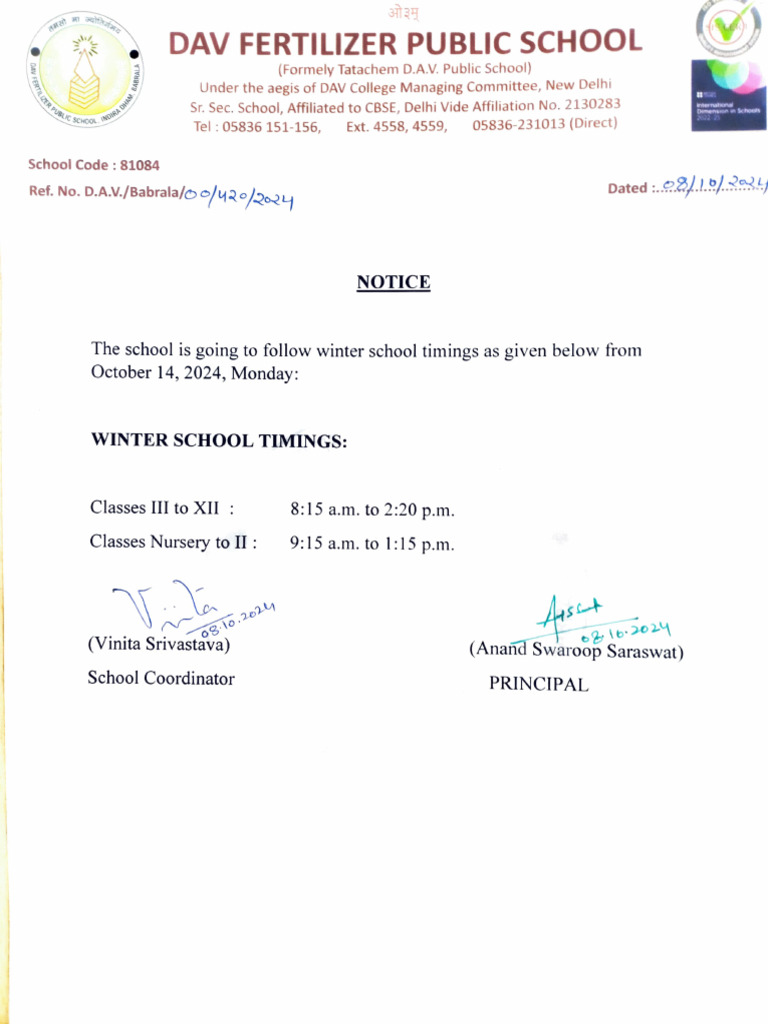 Winter Timings W.E.F. 14.10.2024 | PDF