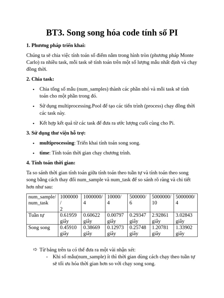 BT3. Song song hóa code tính số PI: 1. Phương pháp triển khai | PDF
