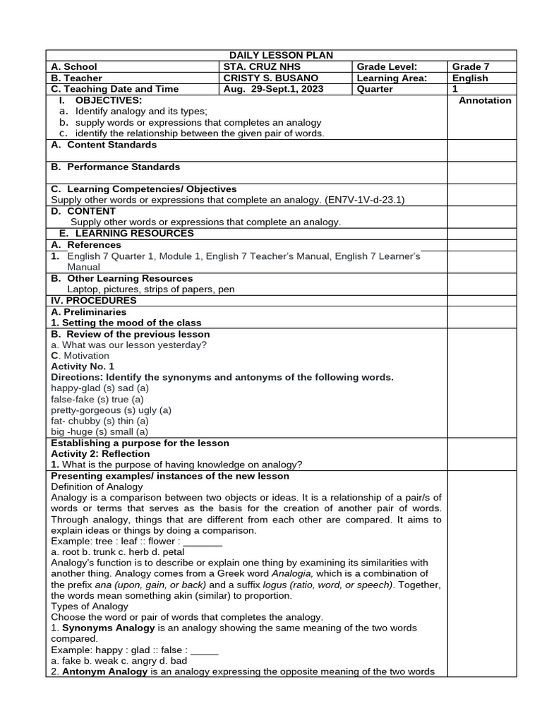 Lesson Plan - Grade 7-Analogy - Quarter1 | PDF
