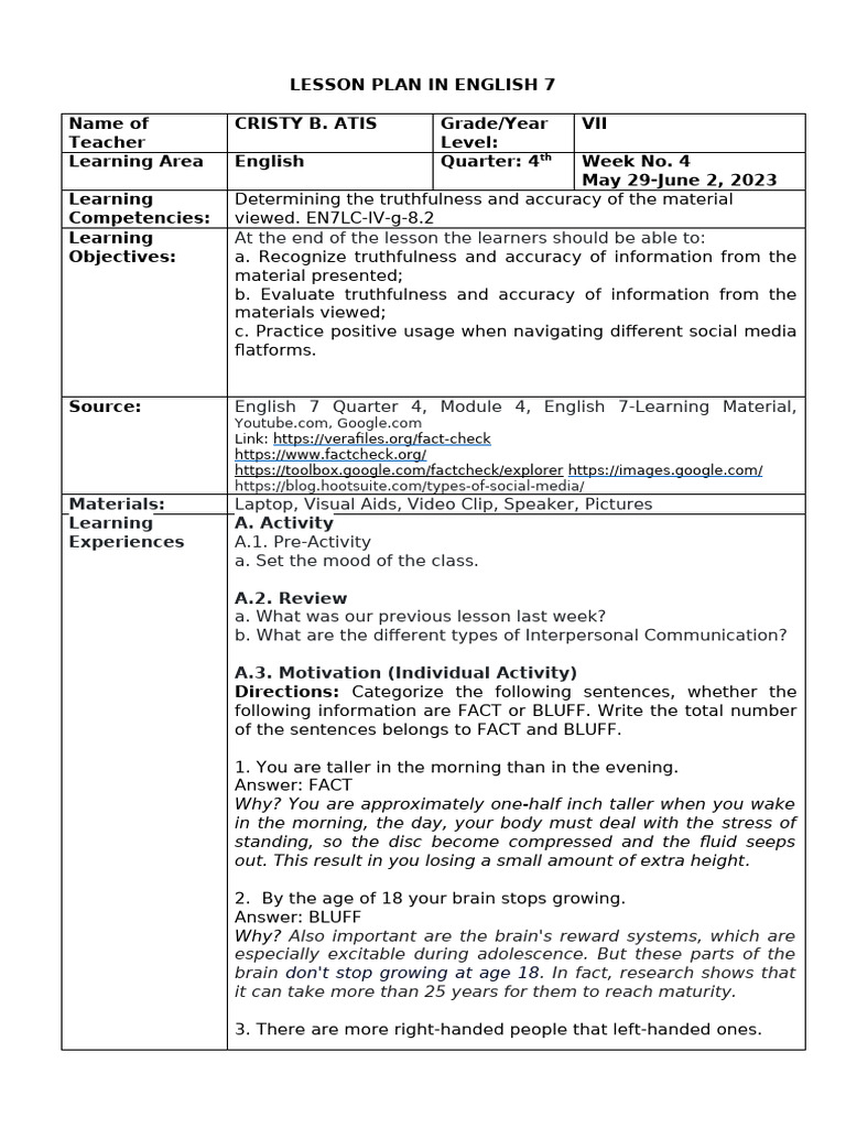 LESSON PLAN IN ENGLISH 7-Determining The Truthfulness and Accuracy of ...