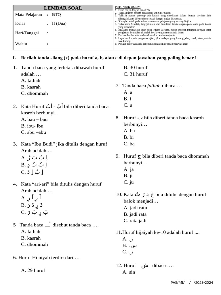 Soal Kelas 2 BTQ 2023 | PDF