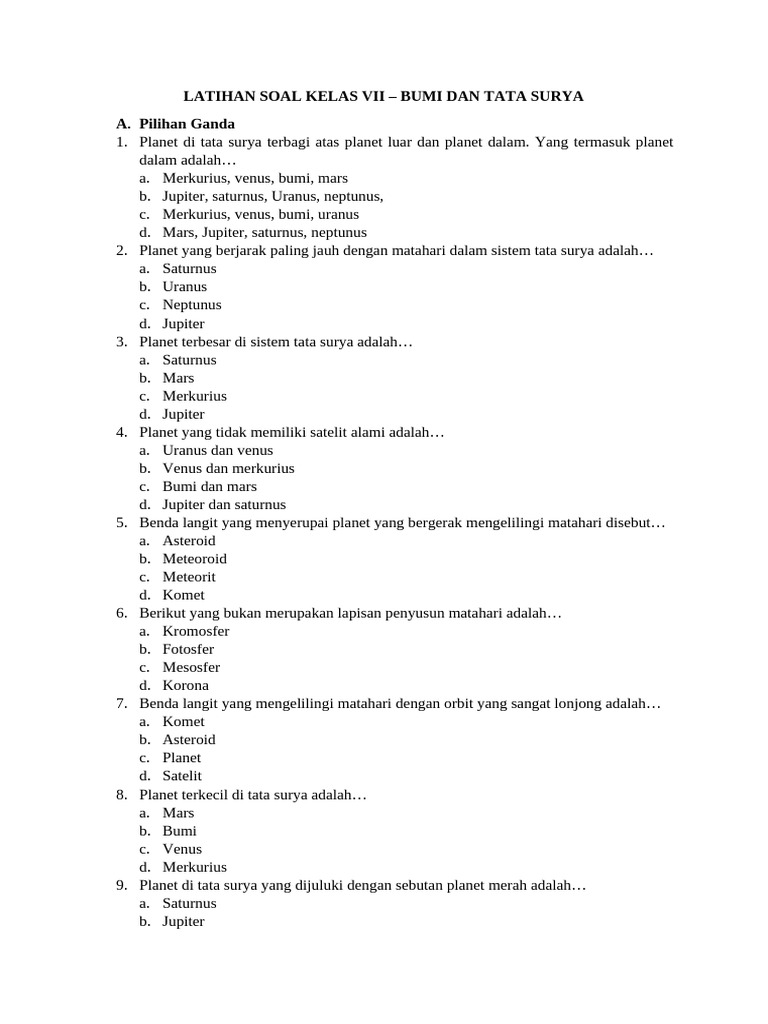 7.2 Ipa - Latihan Soal Kelas Vii Tata Surya | PDF