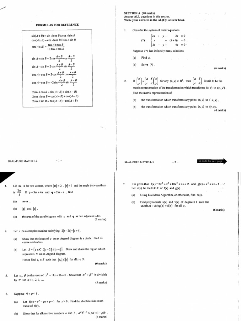 1998 AL Pure Math Paper1 | PDF
