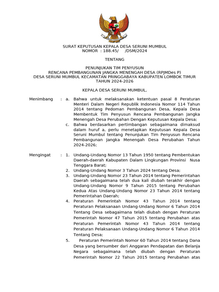 SK Tim Penyusun RPJMDes Perubahan 2024-2026 | PDF