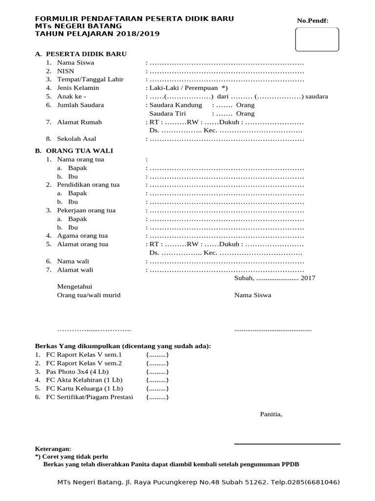 Contoh Formulir Pendaftaran PPDB | PDF