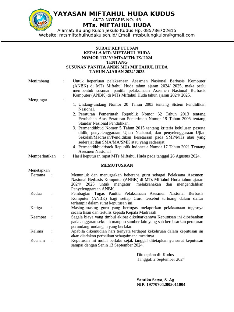 Contoh SK Panitia Anbk 2024 | PDF