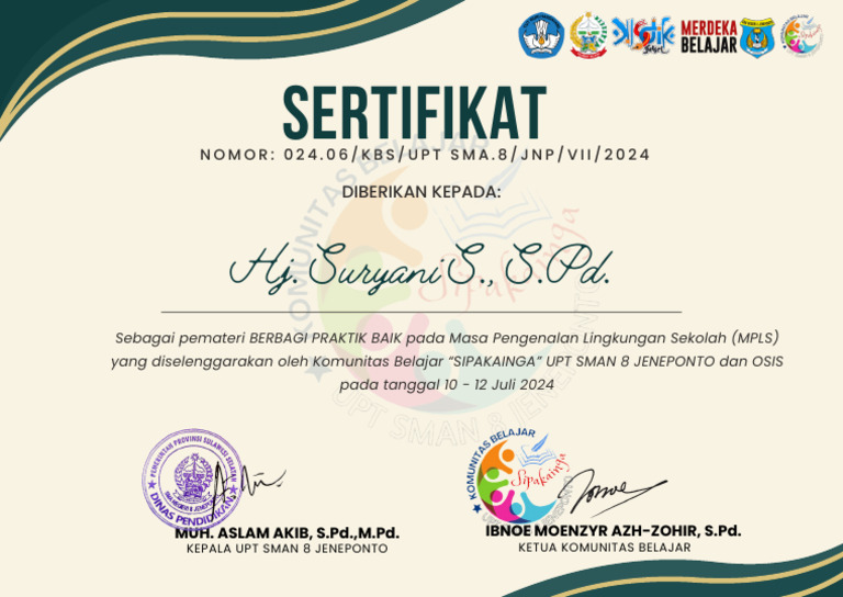 Sertifikat Kombel Praktik Baik Juli | PDF