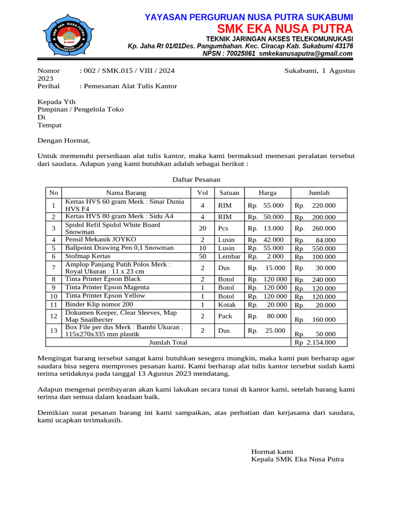 Surat - Pesanan - ATK Agustus | PDF
