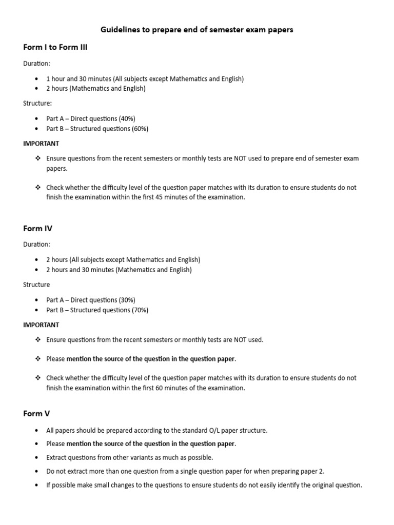 Guidelines to Prepare End of Semester Exam Papers | PDF