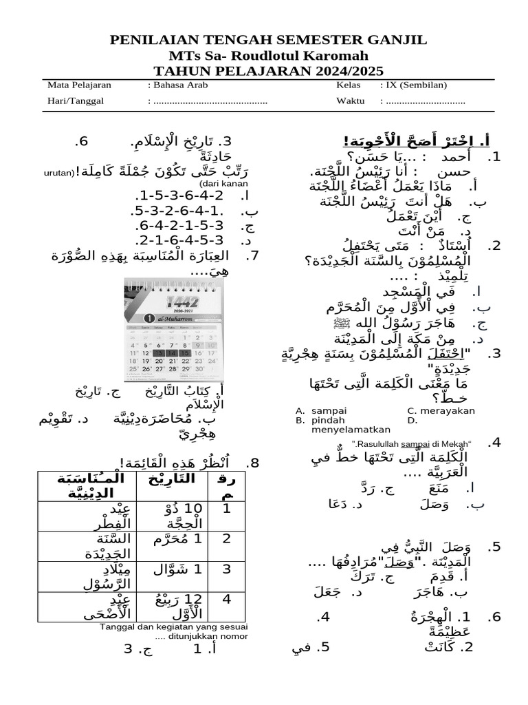Soal PTS Bahasa Arab Kelas 9 | PDF