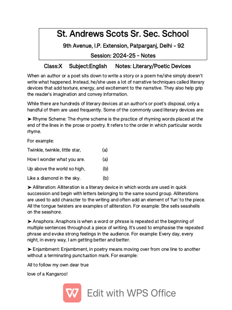 English - Literary Poetic Devices Notes (X) 2024 | PDF