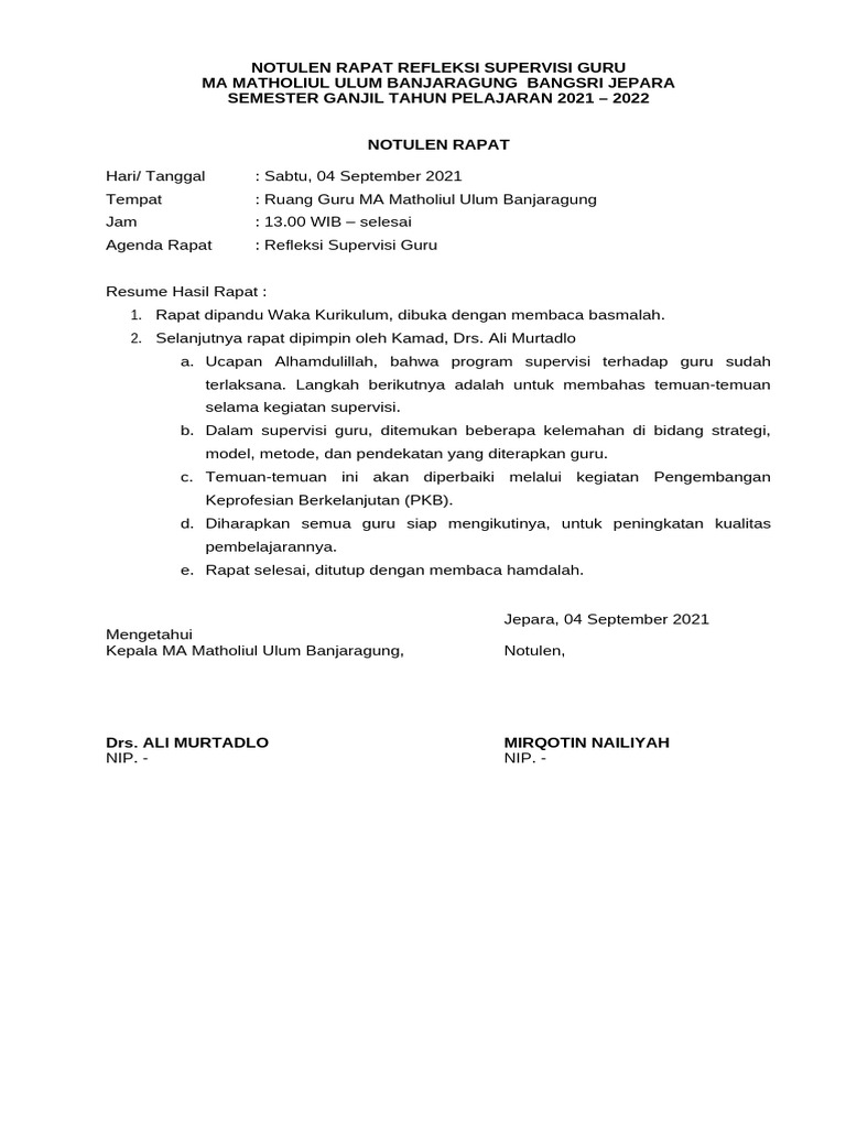 A3. Notulen Rapat Hasil Supervisi | PDF