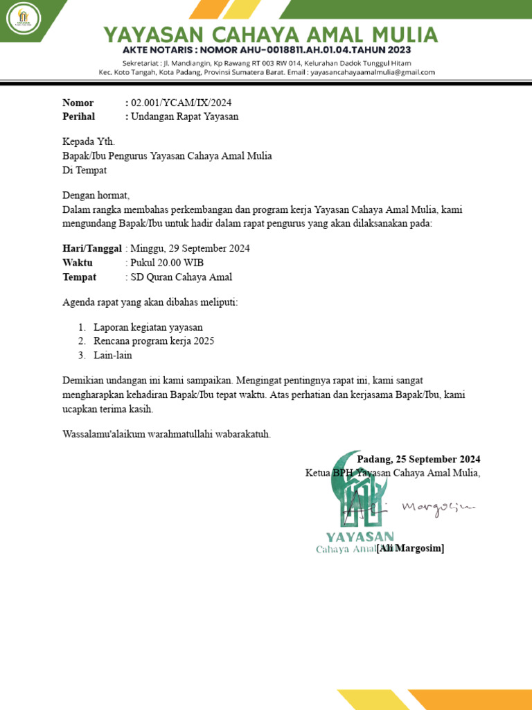 001 Surat Undangan Rapat Yayasan Cahaya Amal Mulia | PDF