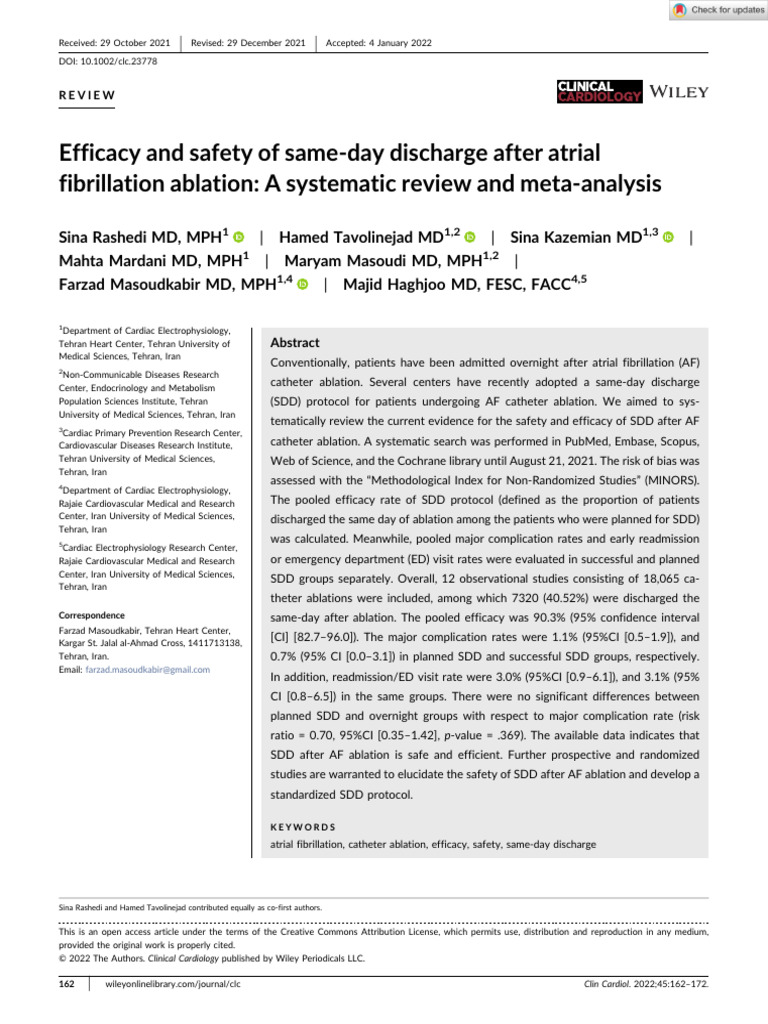 Clinical Cardiology - 2022 - Rashedi - Efficacy and Safety of Same Day ...