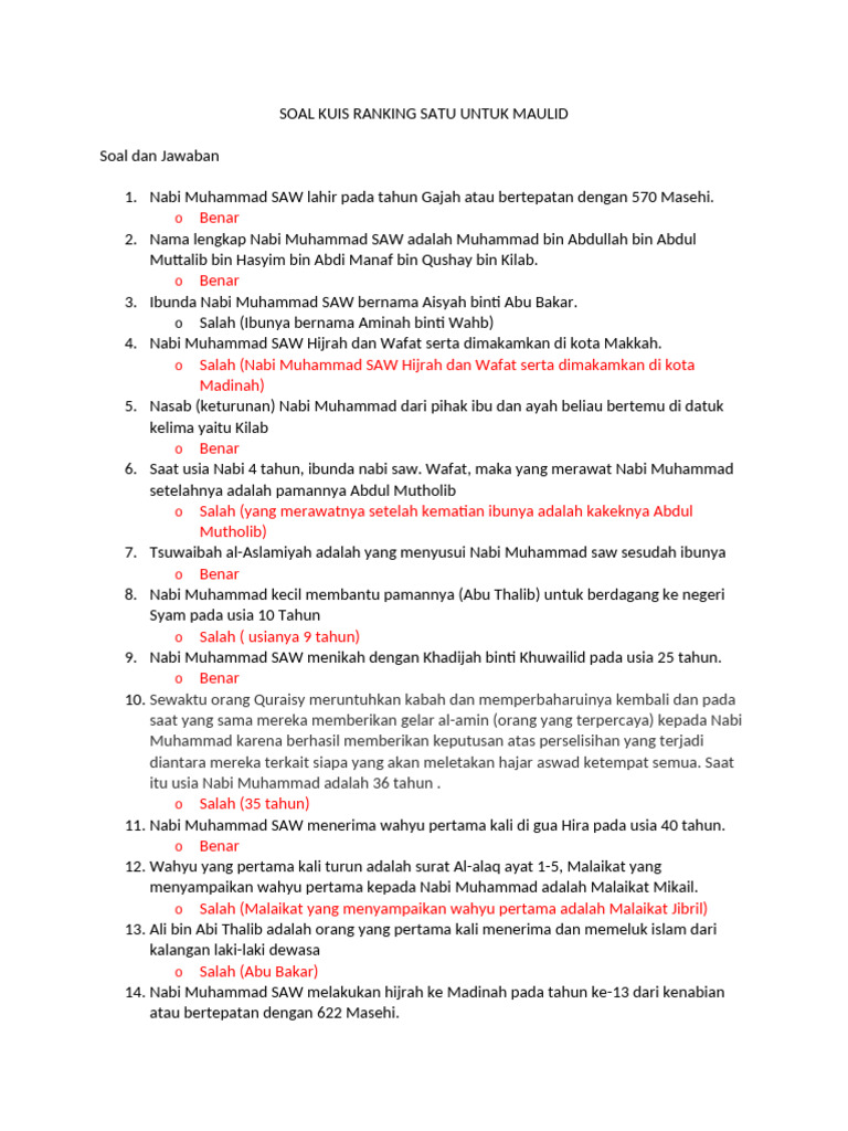 Soal Kuis Ranking Satu Untuk Maulid | PDF