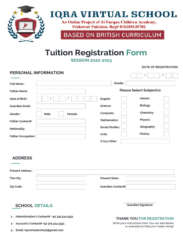 Tuition Registration Form 20230-24 | PDF