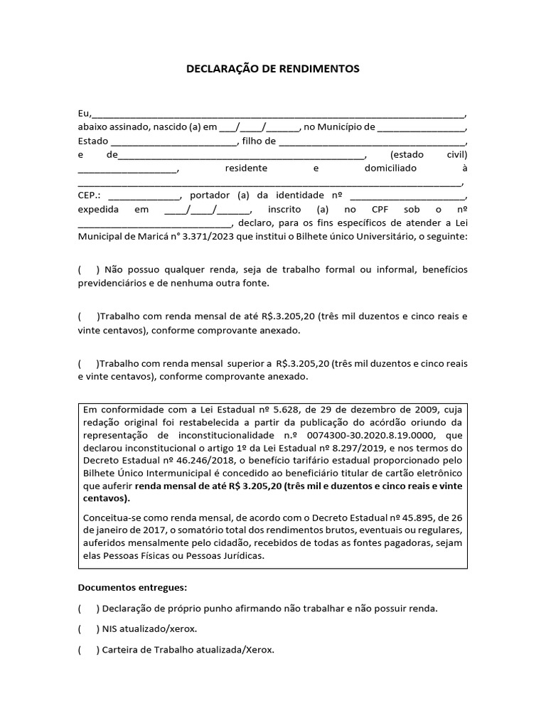 Declaração de Rendimentos | PDF