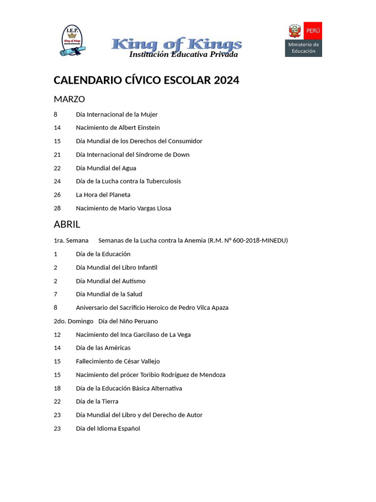 Calendario Cívico Escolar 2024 | PDF