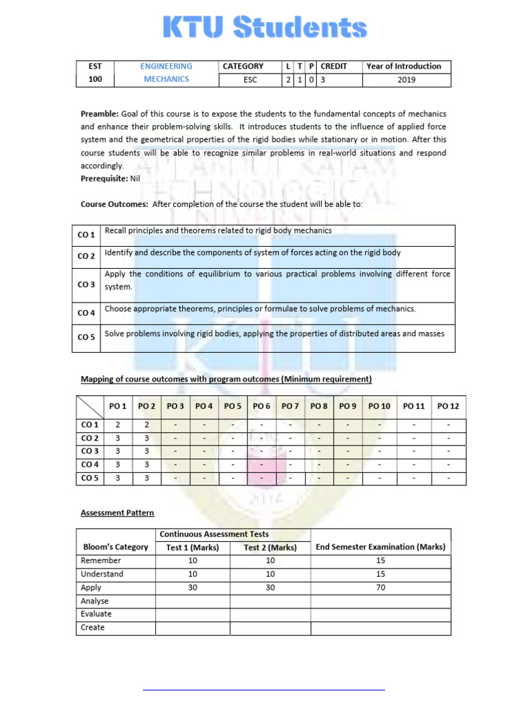 Engg - Mechanics 2019 Syllabus Ktustudents - in | PDF | Force | Teaching Methods & Materials